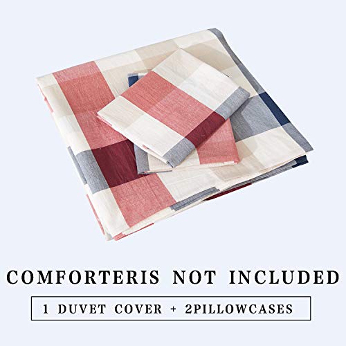 ECOCOTT 3 Pieces Duvet Cover Set Queen 100% Washed Cotton 1 Duvet Cover with Zipper and 2 Pillowcases, Ultra Soft and Easy Care Breathable Cozy Simple Style Bedding Set(Red,Blue and White Grid)