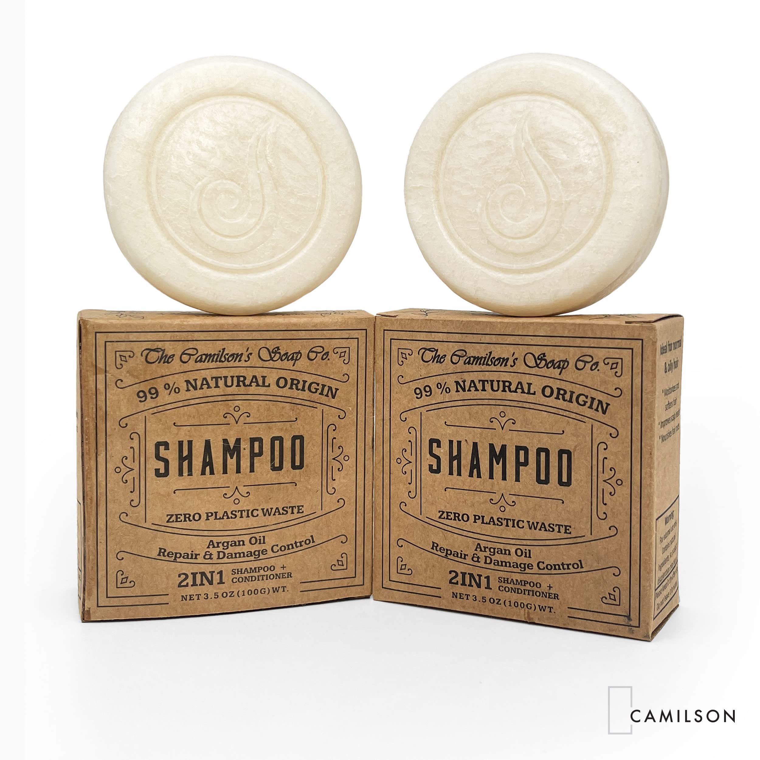 CAMILSON Argan Oil Shampoo Bar, Natural Origin Pack of 2, 7 Oz, Conditioner Bars Treatment for Nourish Deep Moisture, Moisturizing for Dry, Damaged & Dull Hair, Plant Based, Eco-Friendly Natural Origin