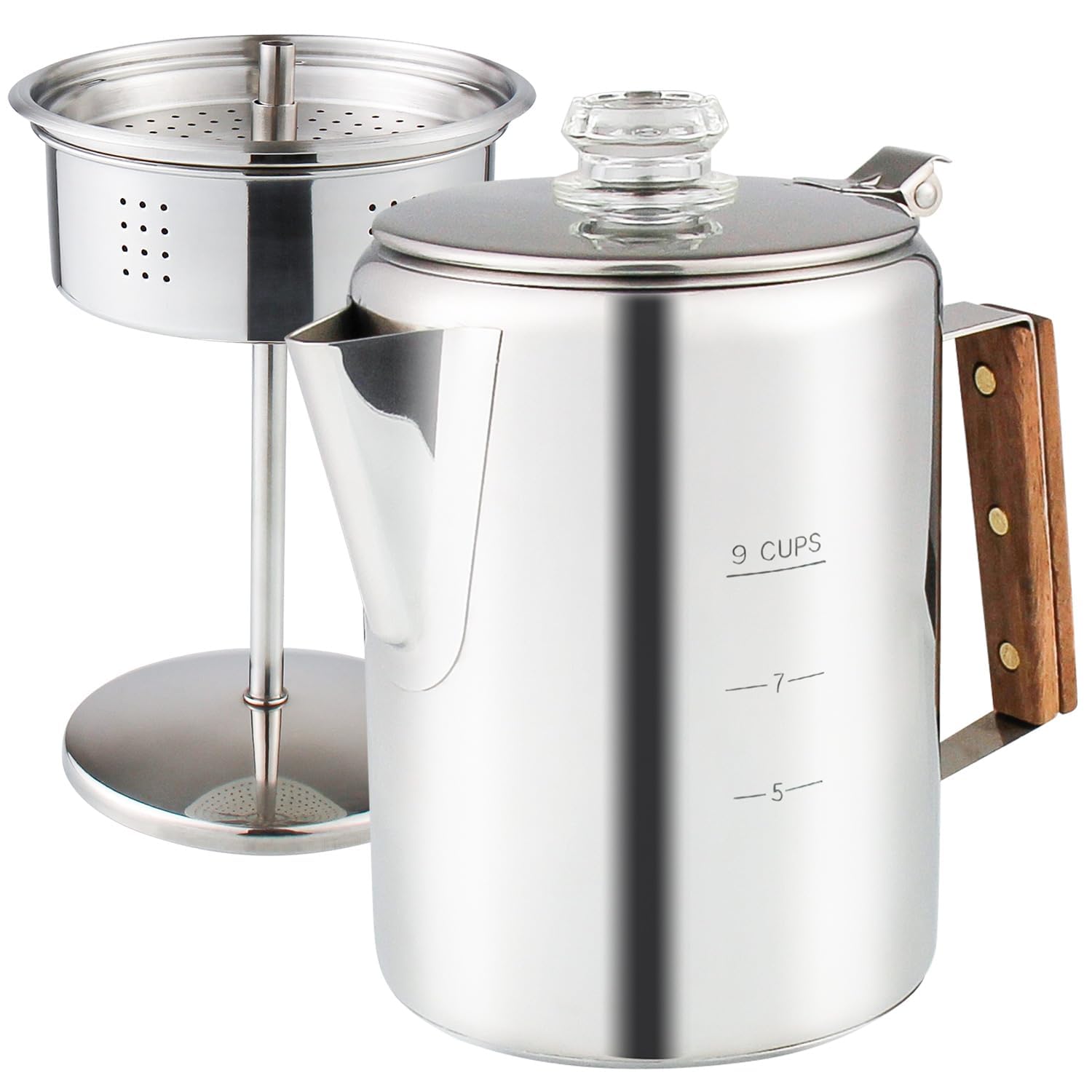 APOXCON Multi Use Coffee Percolator Using On Indoor Induction Cooktop, Electric Stove, Outdoor Campfire Stovetop, Camping Coffee Pot with Glass Knob Top 9 Cup