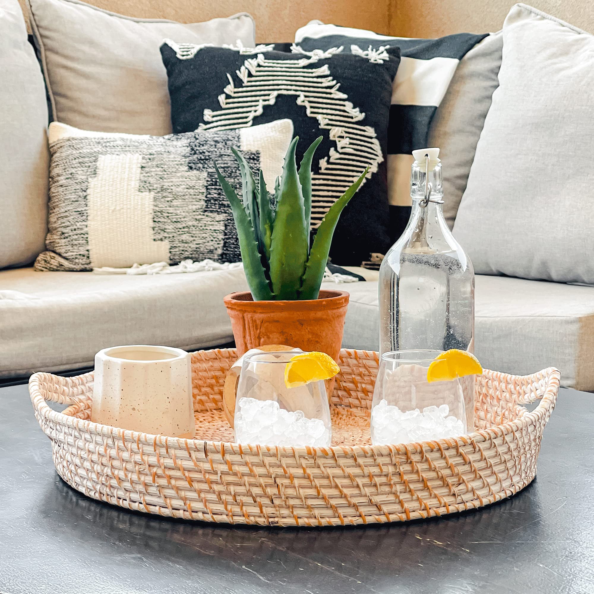 Artera Round Wicker Rattan Tray - 18 inches, Hand Woven Tray for Coffee Table, Ottoman, Natural Serving Tray with Handles, Circular Decorative Basket Tray.