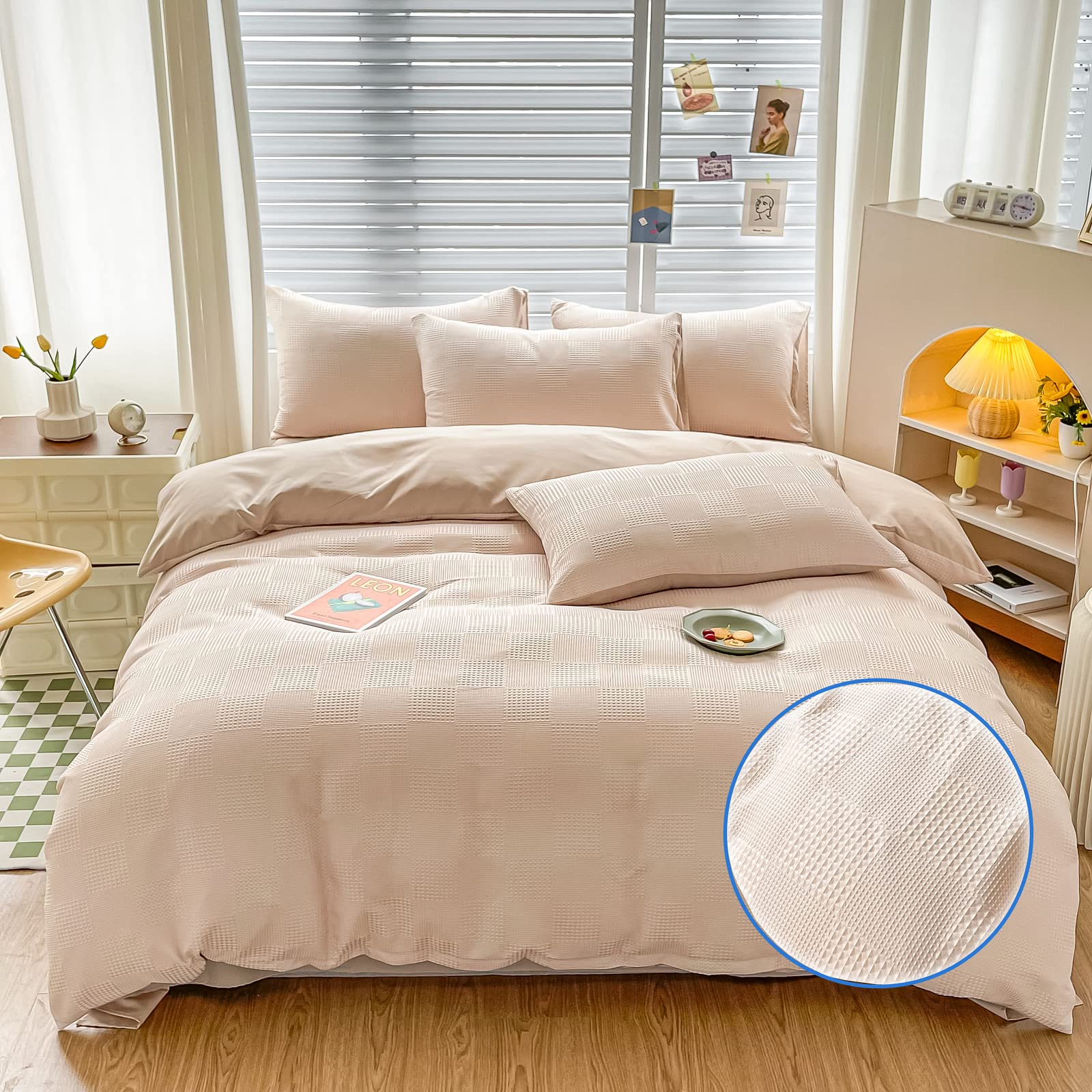 Beyeutao Brown Waffle Duvet Cover Ultra Soft Washable Queen Duvet Cover Comforter Textured 3 Piece Bedding Set with Duvet Cover Pillowcases Zipper Closure.