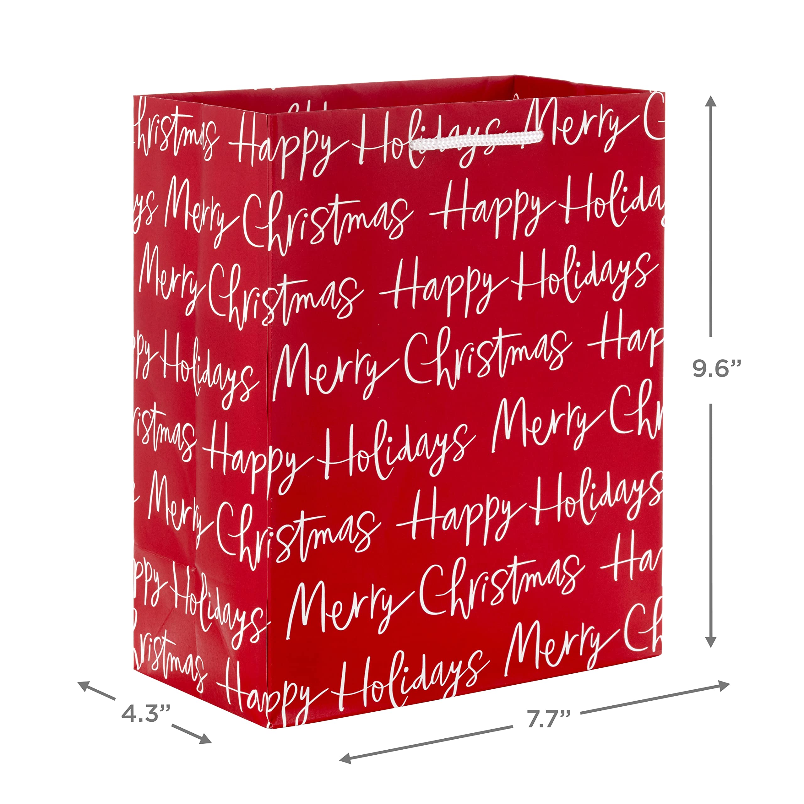 Hallmark 9" Medium Christmas Gift Bags (4 Bags: Snowy Tree, Rustic Farmhouse, Snowman, "Merry Christmas") in Gray, Red, White, Brown