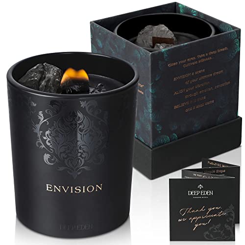 Deep Eden Scented Candle, Wood Wick, 7.4 Oz, Black - Luxurious, Powerful Manifestation Candle - Hand Poured Crystal Candle with Natural Soy, Coconut and Beeswax - Essential Oils and Exotic Fragrance