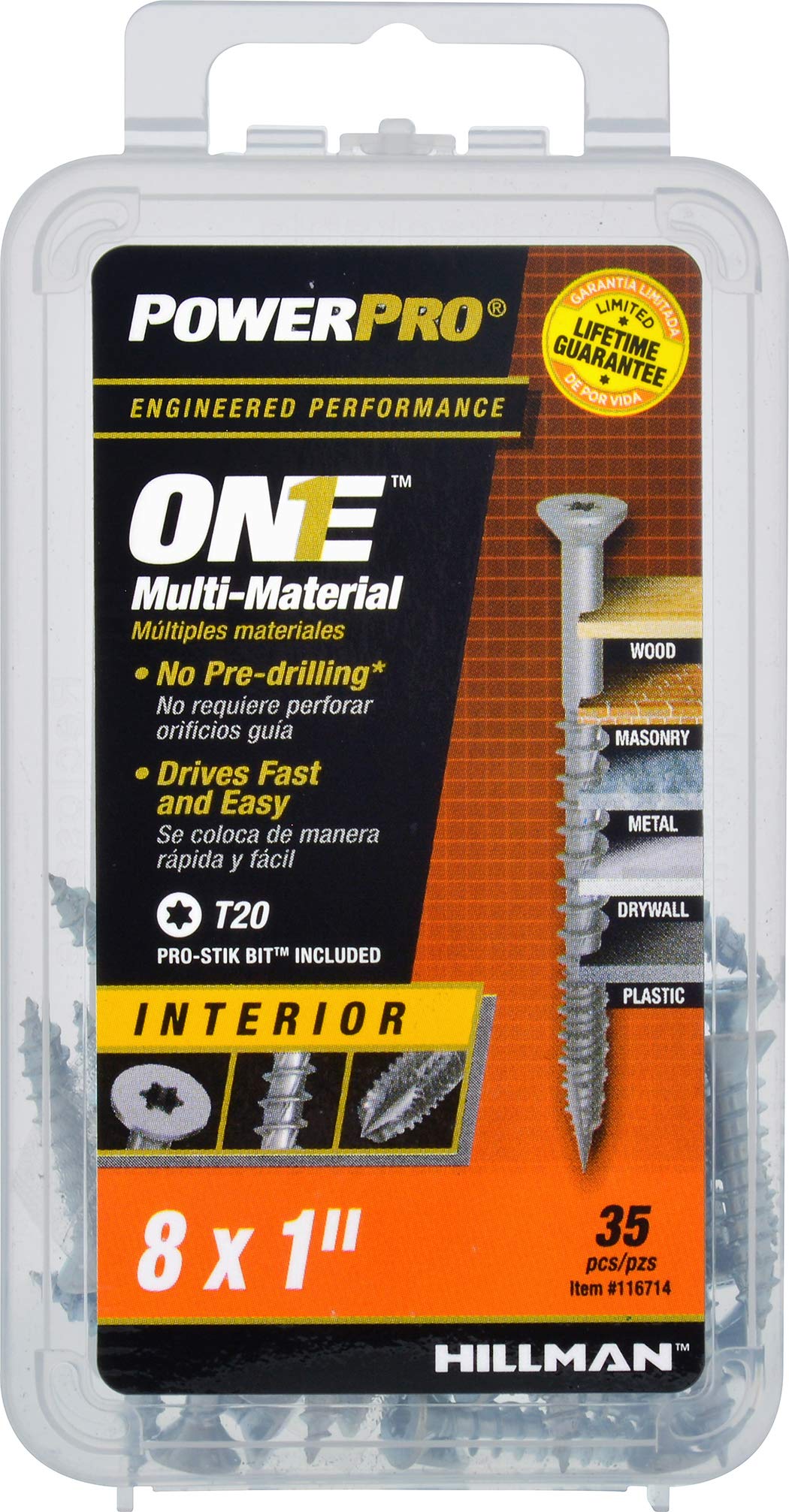 Power Pro Premium One Multi-Material Flat Head Screws, Zinc Plated Steel, Fasten in Wood, Metal, Concrete, Drywall and Plastic, Silver, #8 x 1 inch, Box of 35 Screws