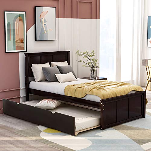 CITYLIGHT Twin Bed Frame with Trundle, Twin Trundle Bed with Headboard, Wood Twin Platform Bed for Kids,Girls,Boys or Guest Room,No Box Spring Needed,Espresso
