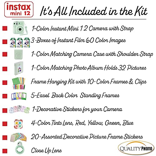 Fujifilm Instax Mini 12 Instant Camera with Case, 60 Fuji Films, Decoration Stickers, Frames, Photo Album and More Accessory kit (Mint Green)