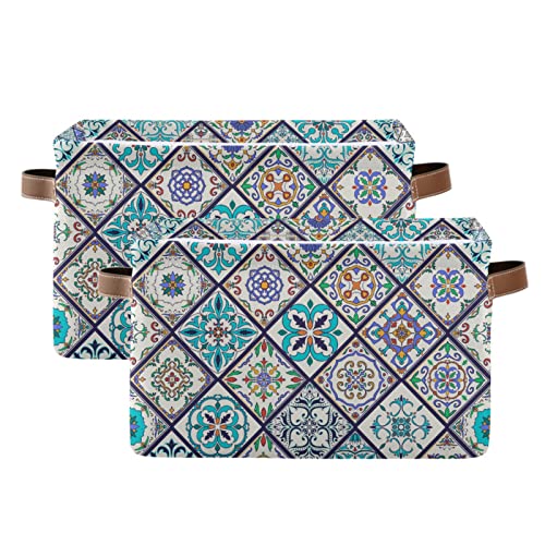 Foldable Storage Basket Blue Tartan Pattern Fabric Collapsible Organizer Basket with PU Handles, Decorative Baskets for Shelves Home Closet Bedroom Living Room - 1 Pack