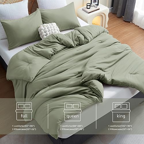 CozyLux Olive Green Comforter Set Full Size, 3 Pieces Solid Breathable Quilted Style Bedding Sets, Luxury Fluffy Soft Microfiber Comforter for All Season(1 Comforter & 2 Pillowcases)