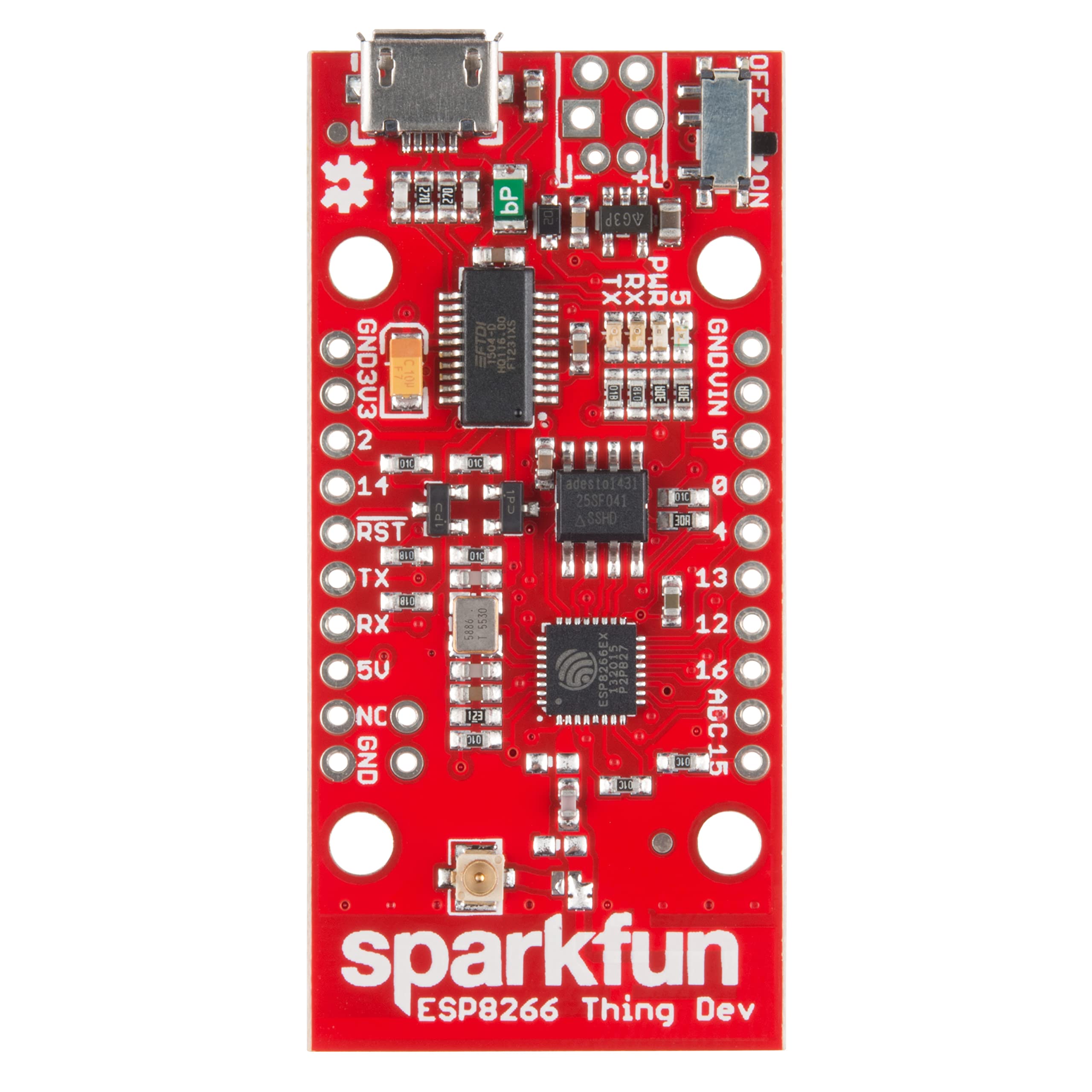 SparkFun ESP8266 Thing - Dev Board - WiFi-enabled microcontroller compatible with Arduino for Internet of Things WiFi Development On-board FTDI USB-to-Serial converter PCB trace antenna U.FL connector