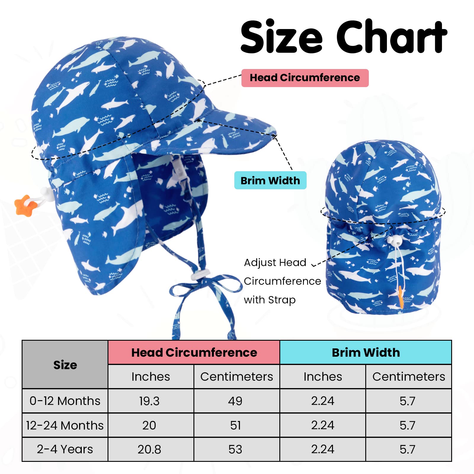SimpliKids Toddler Sun Hat UPF 50+ UV Ray Sun Protection Hat Baby Sun Hats w/Neck Flap Infant Sun Hat for Baby Beach Hat,Shark,0-12 Months