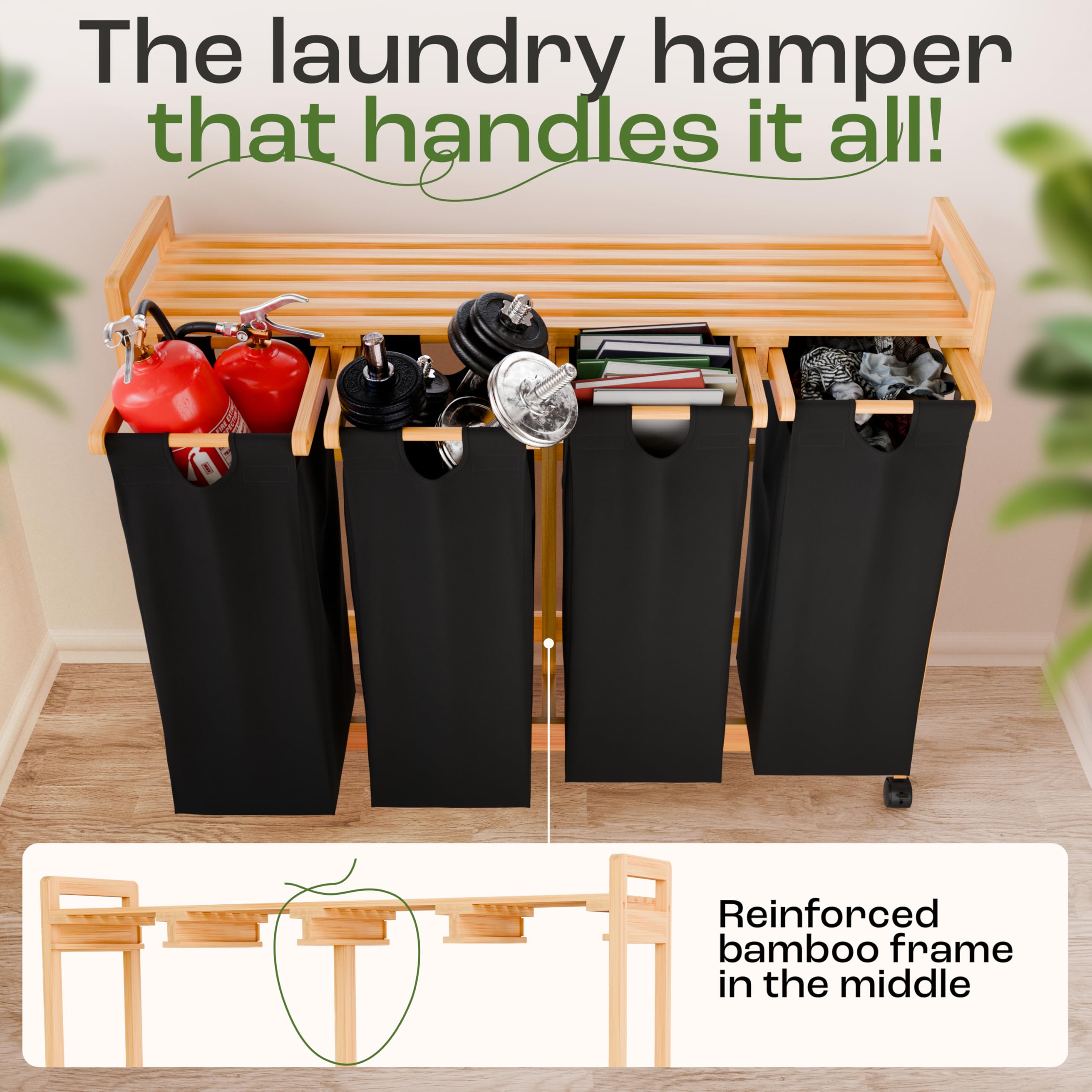 AMBIAVO Laundry Sorter with 4 Sections beige, Laundry Hamper with Removable Cotton Bags & Wheels โ Perfect Laundry Organizer - Eco-Friendly Rolling Laundry Basket โ Durable Bamboo and Stylish Design