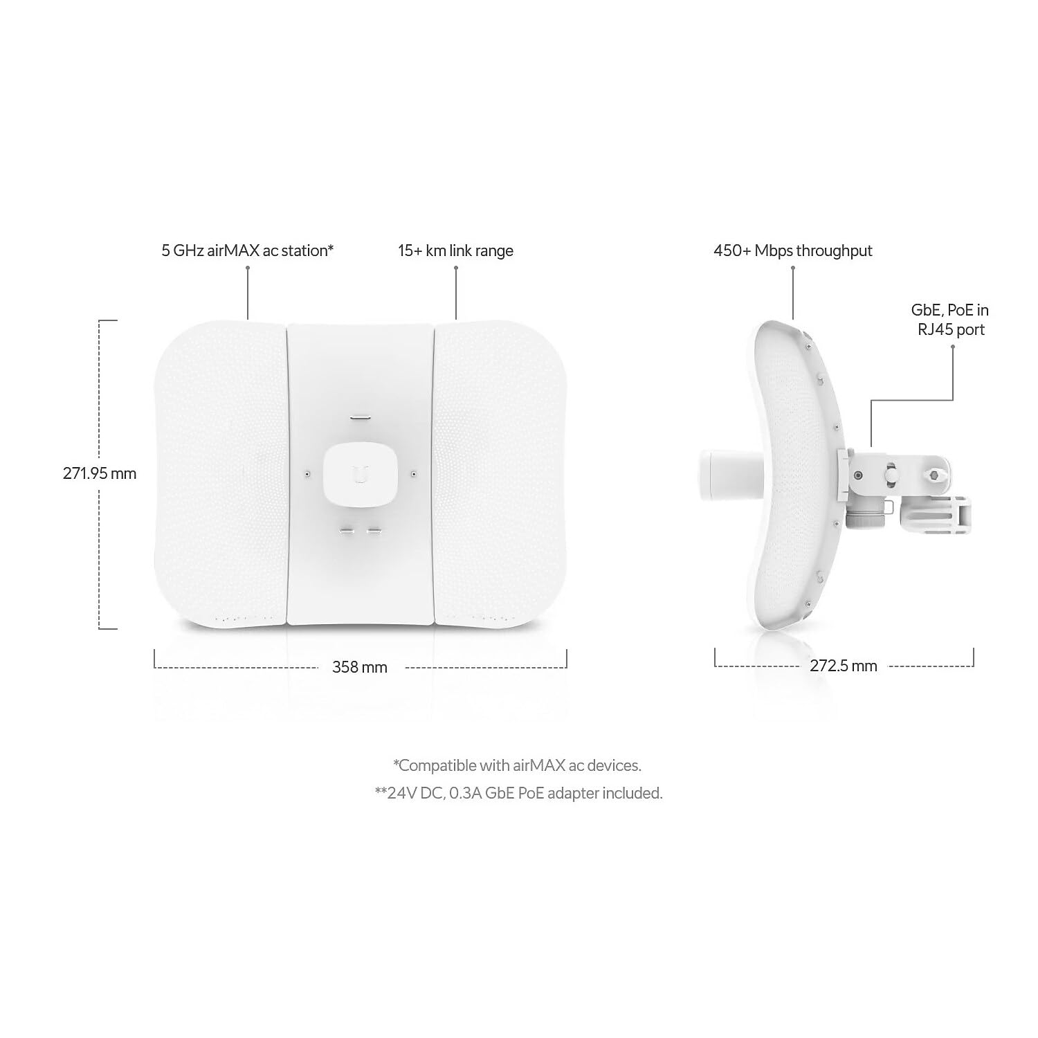 Ubiquiti LBE-5AC-GEN2-US LiteBeam Wireless Bridge 100Mb LAN,GigE, AirMax AC, White