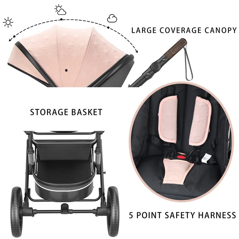 Baby Stroller for Newborn to Toddler, Cynebaby Bassinet Stroller Luxury Infant Pushchair Multi Position Reclining Pram with Mommy Bag/footmuff