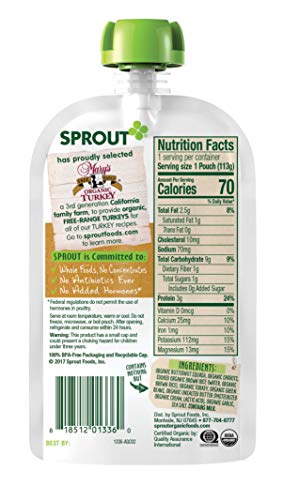 Sprout Organic Baby Food, Stage 3 Pouches, Garden Vegetables with Free-Range Turkey, 4 Oz Purees (Pack of 6)