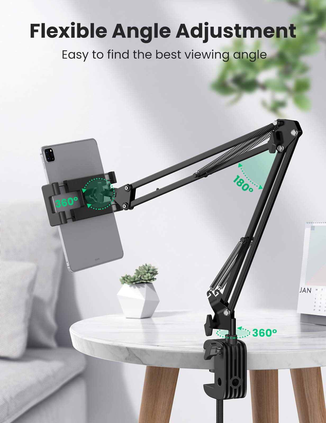 UGREEN Tablet Stand Holder for Bed Long Arm Adjustable Tablet Mount Flexible Clamp Desktop Stand Overhead Compatible for iPad Pro 10.5,9.7, Air Mini 5 4 3 2, iPhone, E-Reader, Black