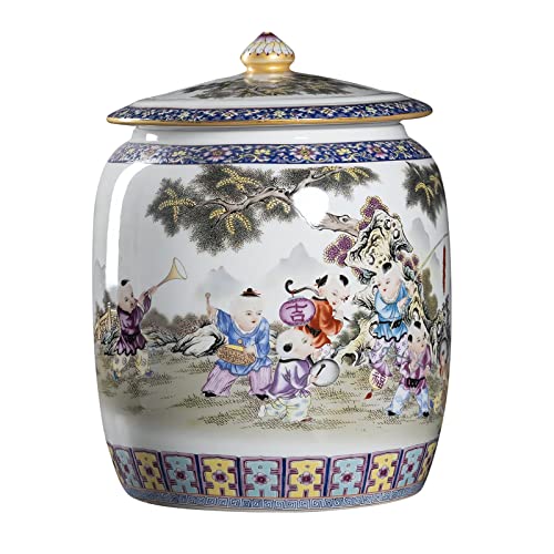 Chinese Style Food Dispenser 22Lbs Ceramic Rice Bucket Cereal Storage Container Chinese Porcelain Grain Dispenser Suitable for Flour, Sugar, Coffee, Rice, Nuts, Snacks, Pet Food, Tea (Color : A)