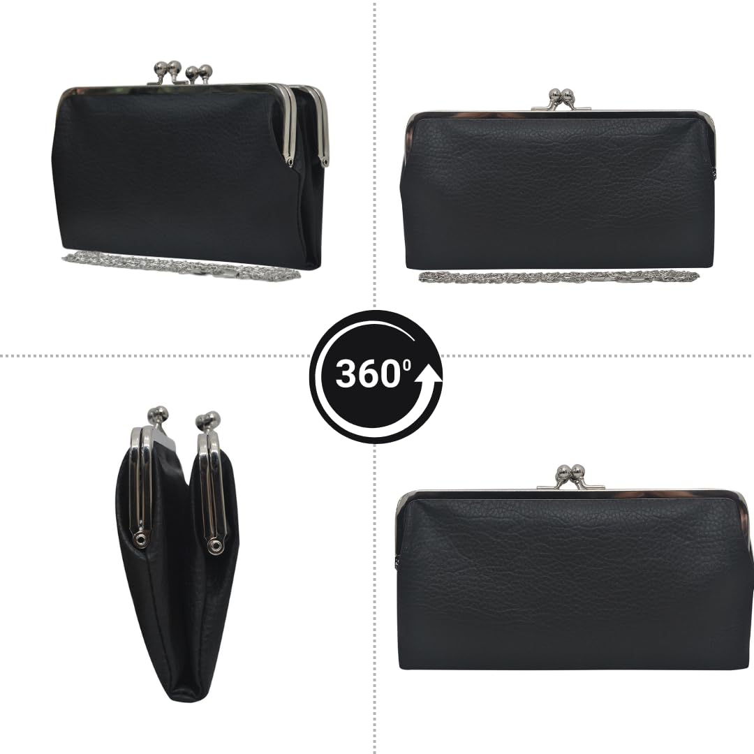 Double Frame Vintage Style Clutch Purse Wallet, Clutch Purses for Women, Wallet Women, Clutch, Travel Wallet Womens (Black)
