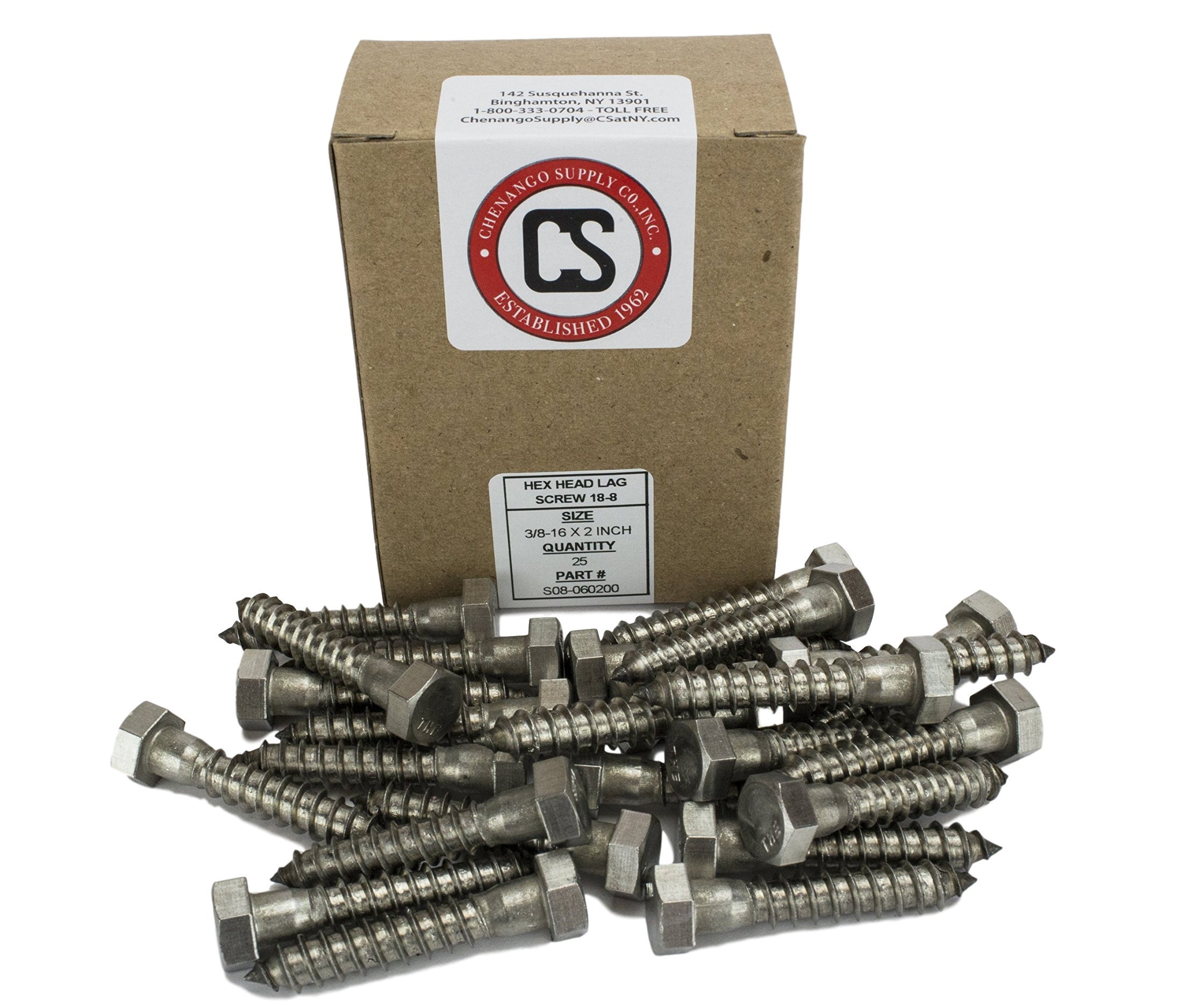Stainless 3/8 x 2 Hex Lag Screw (1" to 5" Lengths Available in Listing), 18-8 Stainless Steel, 25 Pieces (3/8 x 2)