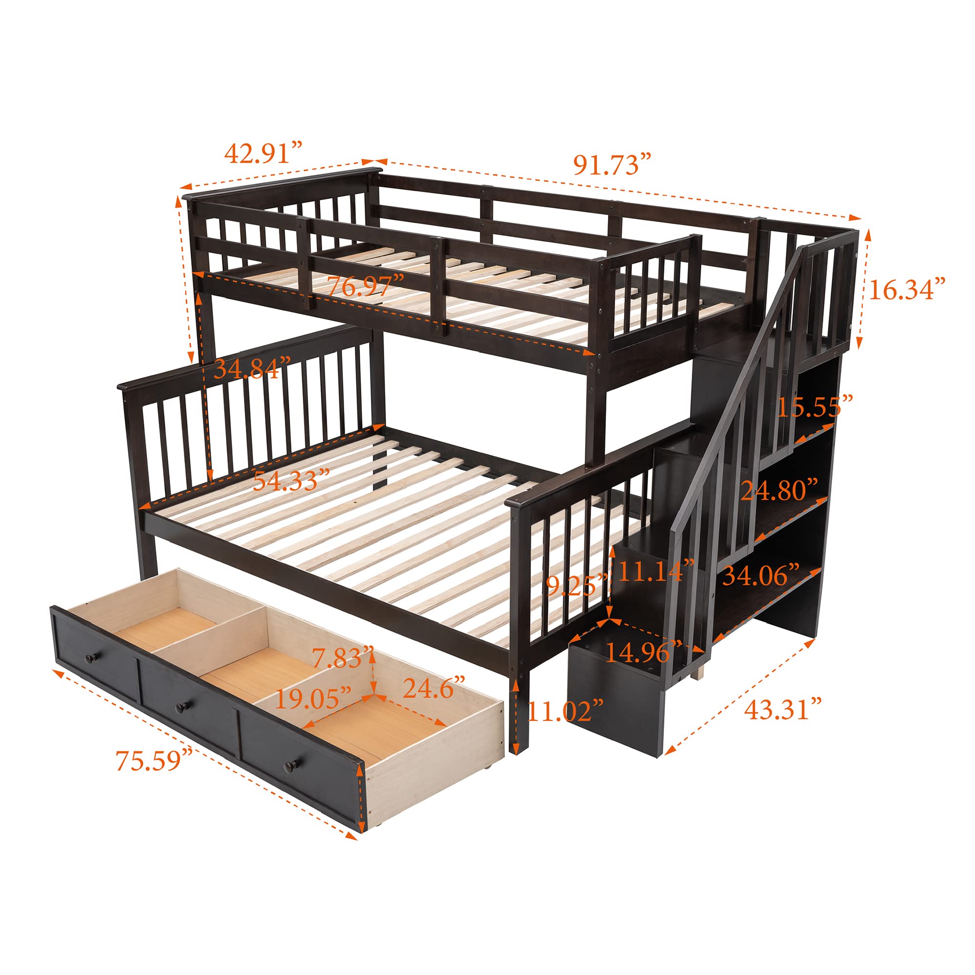 BIADNBZ Full Over Full Bunk Bed with Stairs Storage and Drawers, Solid Wood Bunkbed with Staircase for Kids Teens Adults, can be Separated into 2 Platform Bedframe, Gray