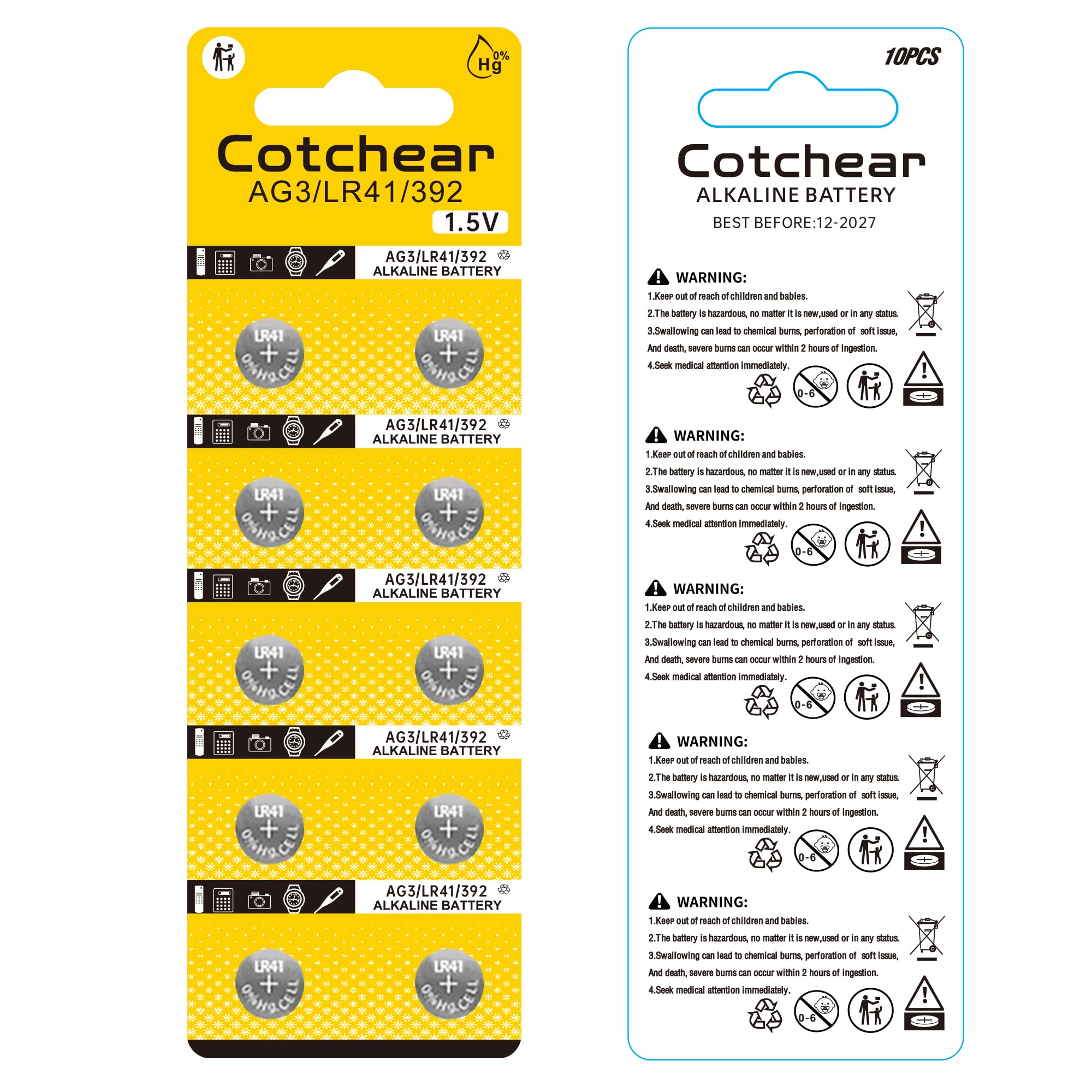 Cotchear 10pcs AG3 LR41 Battery 392 384 192 SR41SW CX41 L736 Batteries L736f Battry 1.5V LR41 Button Batteries for Watch Toys Clock