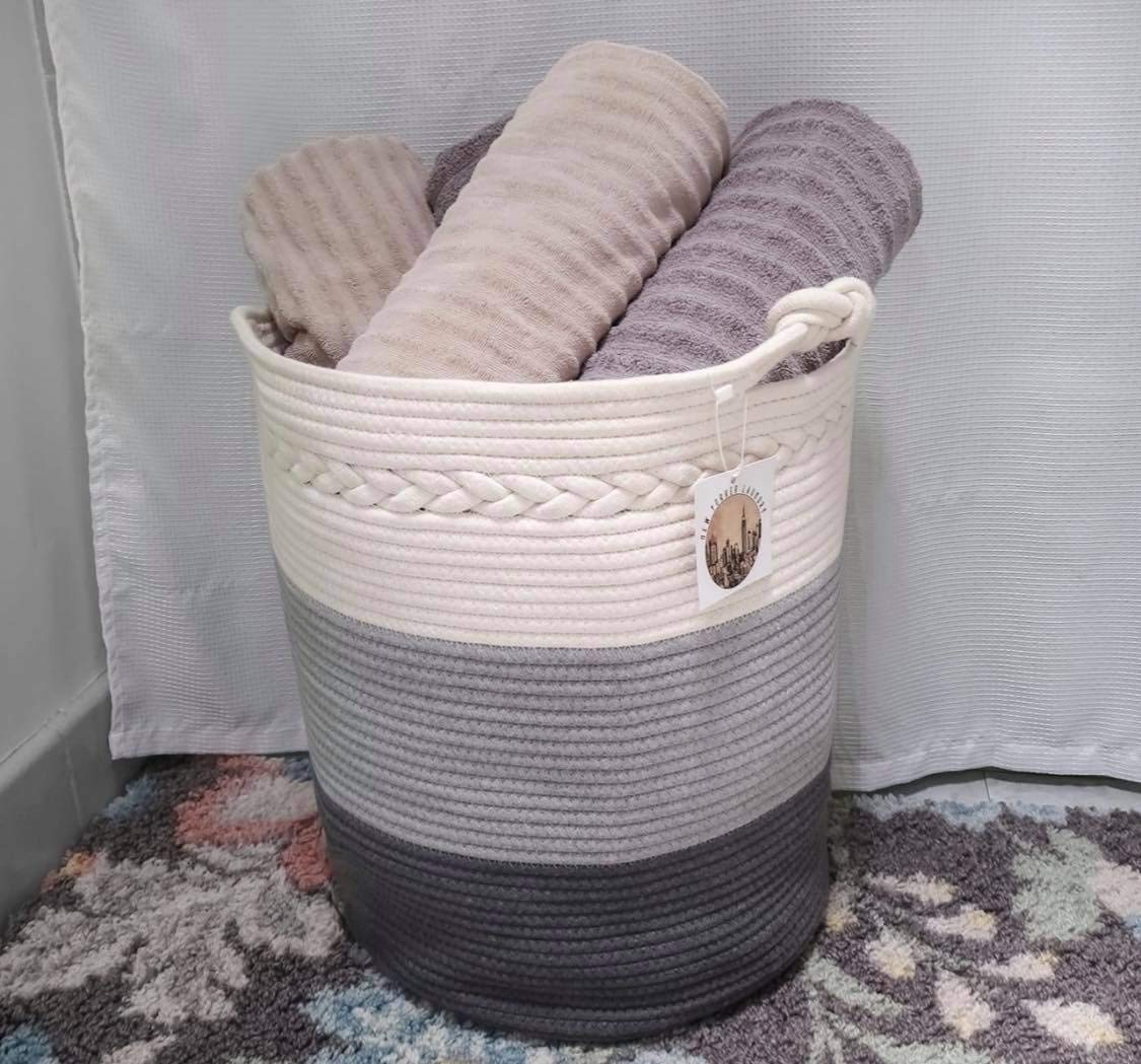 Cotton Rope Basket - 17.8" x 15.8" x 13.8" woven baby laundry basket - Woven Basket Nursery Bin - large baskets for blankets- thread laundry hamper - woven storage basket- rope baskets for organizing