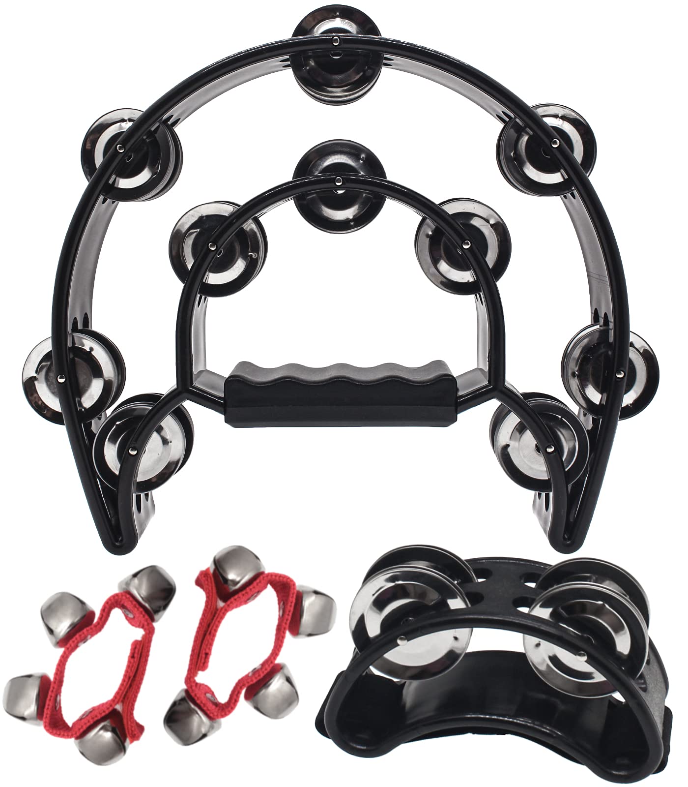 Double Row Tambourine Foot Tambourine set, 9" Half Moon Tambourine Metal Jingles Hand Held Percussion with Band Wrist Bells for Kids, Adults,KTV,Party