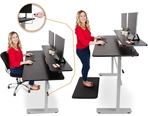 Stand Steady Tranzendesk 55 in Standing Desk with Clamp On Shelf | Easy Crank Height Adjustable Stand Up Workstation w/Attachable Monitor Riser | Holds 3 Monitors & Adds Desk Space (55/Silver Base)