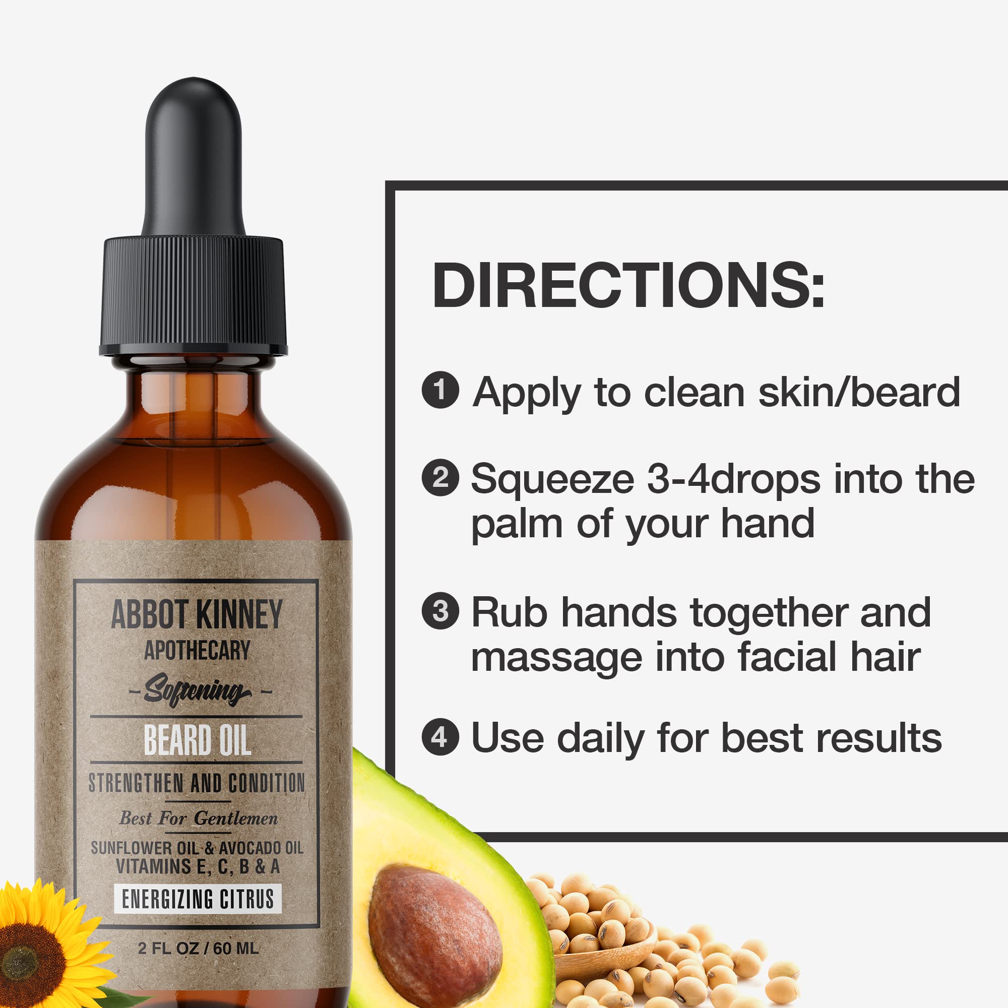 ABBOT KINNEY APOTHECARY Beard Oil for Men - Natural Ingredients, Energizing Citrus Scent, Promotes Healthy Growth, Ideal for Dry Flaky Skin - Beard Conditioner - 2 Fl Oz