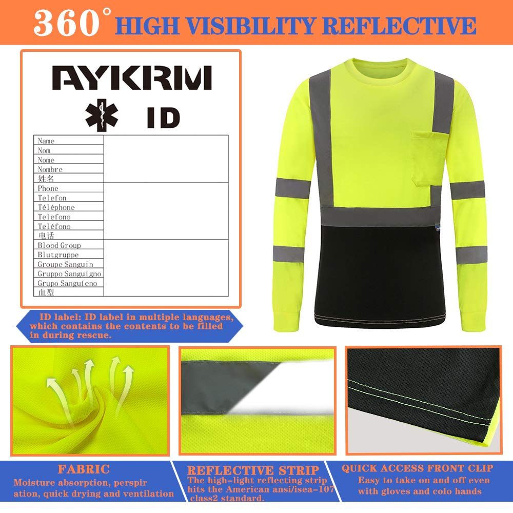 AYKRM Long Sleeve high Visibility Shirts Safety T Shirt Reflective High Visibility hi vis Long Sleeve T Shirt (Yellow, L)
