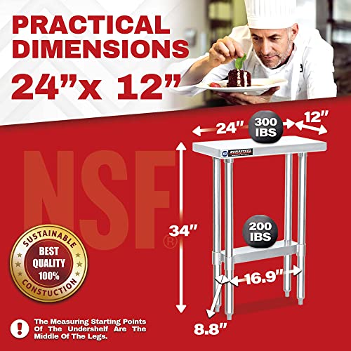 Food Prep Stainless Steel Table - DuraSteel 24 x 12 Inch Commercial Metal Workbench with Adjustable Under Shelf - NSF Certified - For Restaurant, Warehouse, Home, Kitchen, Garage