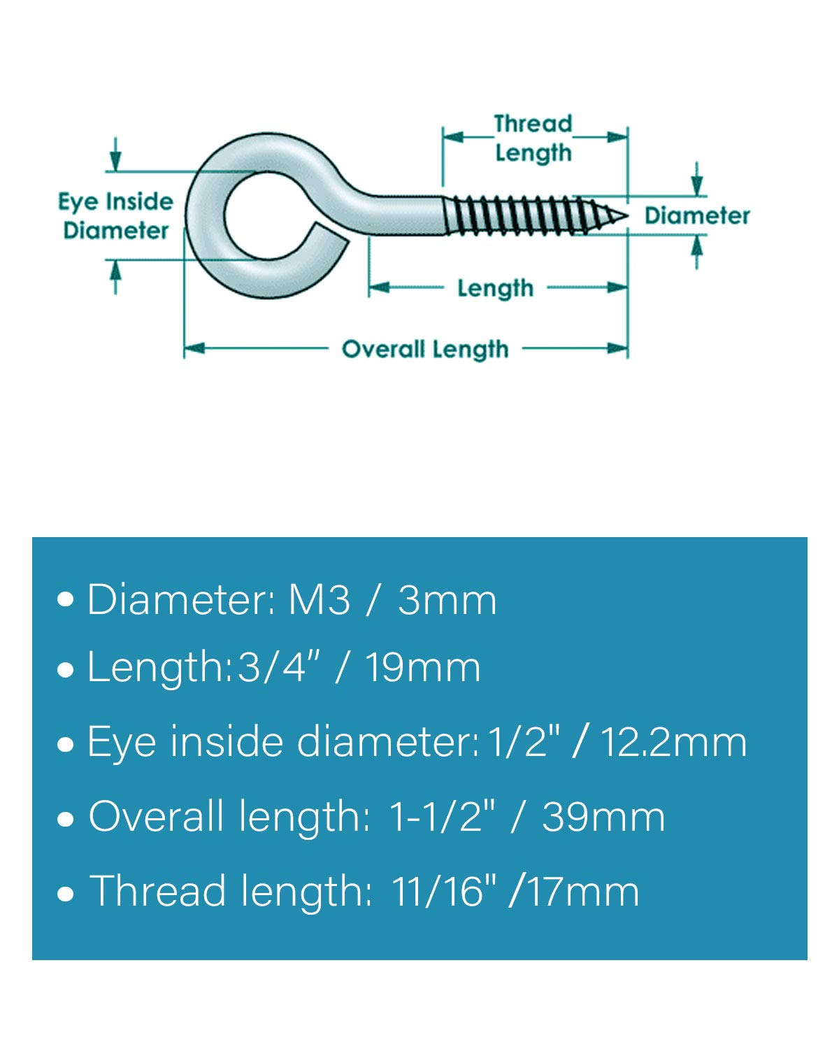 M3 x 1-1/2" Screw Eyes (50pcs) Small Eyelet Screws Lag Eyebolt 18-8 Stainless Steel 304 Heavy Duty Hook by IMScrews