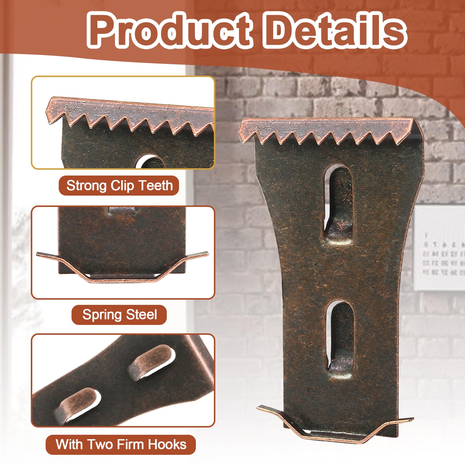 Biaungdo 6 Pcs Brick Wall Clips, Steel Brick Hook Clips, Heavy Duty Brick Hanger for Hanging Outdoors, Metal Brick Wall Hangers Outside Home Decor for 2-1/4 to 2-3/8 inches Bricks(Red Bronze)
