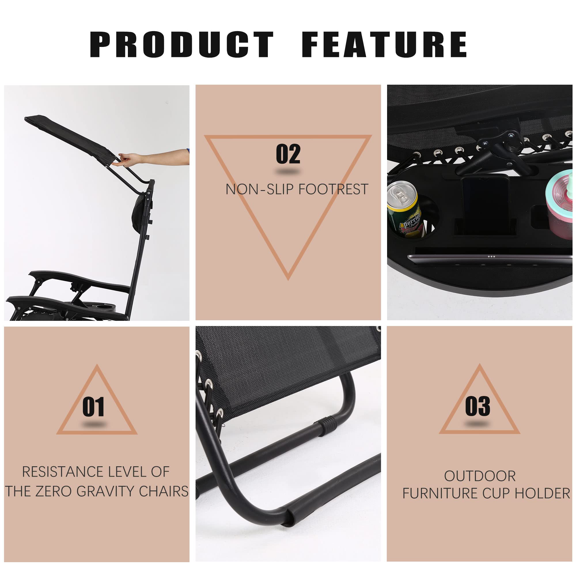 FDW 2 PCS Zero Gravity Chair Lounge Chairs Patio Chairs with Canopy Cup Holder for Outdoor Patio Seaside (Black)