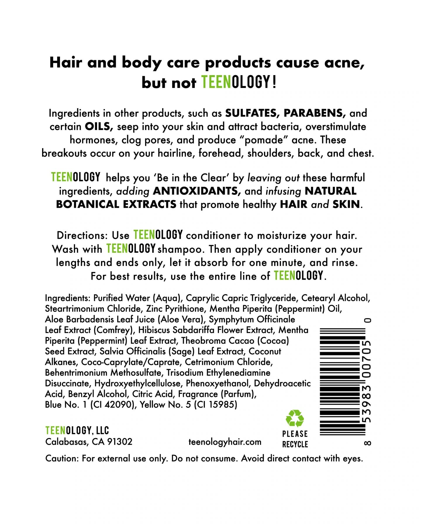 Teenology Conditioner for Teens - Avoid Forehead and Body Acne - Sulfate and Paraben Free, Noncomedogenic, Natural Botanical Extracts, Sweet Mint - 16 oz.