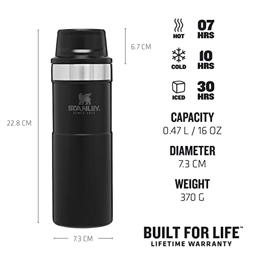 Stanley Trigger Action Travel Mug 0.47L Matt Black β Keeps Hot for 7 Hours - BPA-free Stainless Steel Thermos Travel Mug for Hot Drinks - Leakproof Reusable Coffee Cups