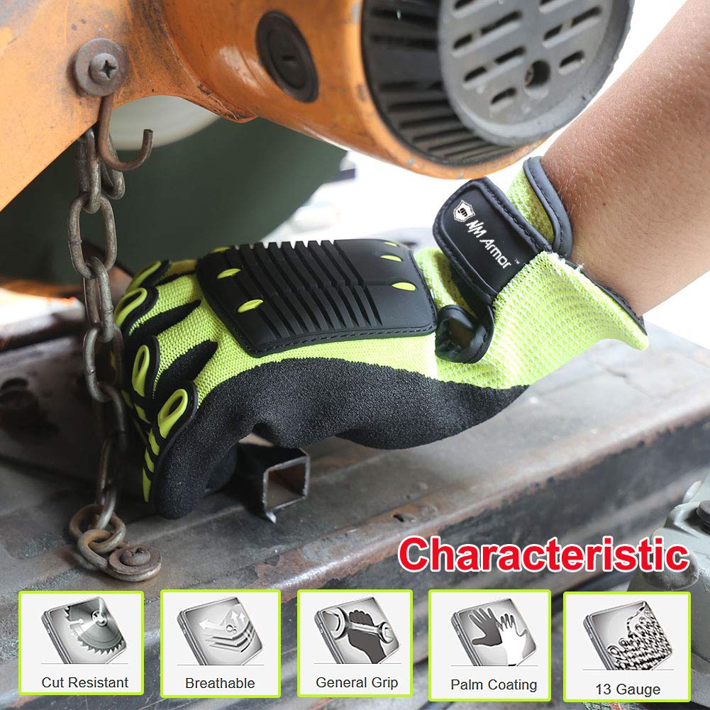 Nmsafety Anti Vibration Oil-proof Cut Resistant Safety Work Glove,Full finger,Yellow Nylon+HPPE+Glassfirbe Seamless Knitted Liner With Sandy Nitrile Rubber Palm,Excellent Grip. (Large)