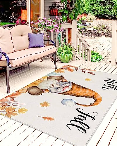 Hello Fall Gnomes Outdoor Rug for Patio/Deck/Porch, Non-Slip Large Area Rug 6 x 9 Ft, Thanksgiving Pumpkin Maple Leaf Indoor Outdoor Rugs Washable Area Rugs, Reversible Camping Rug Carpet Runner