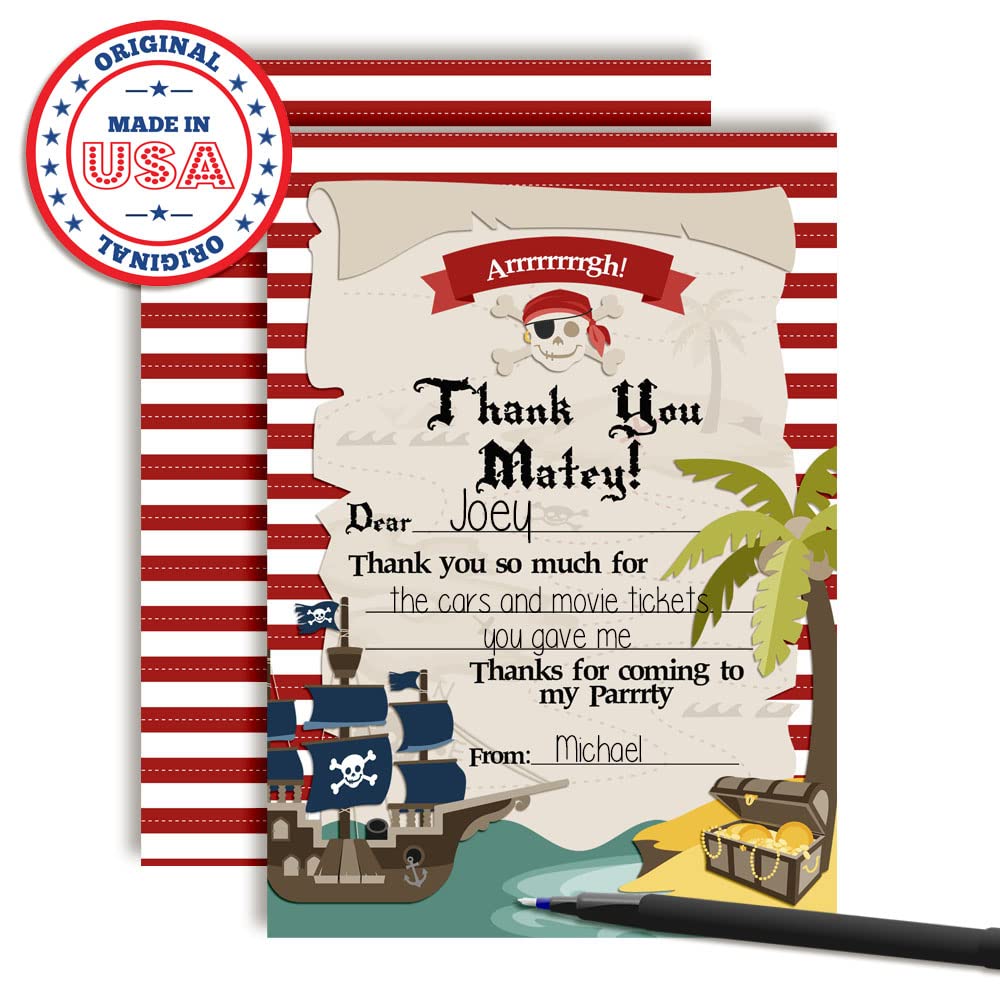 Pirate Treasure Map Birthday Thank You Notes, Ten 4" x 5.5" Fill In The Blank Cards with 10 White Envelopes by AmandaCreation