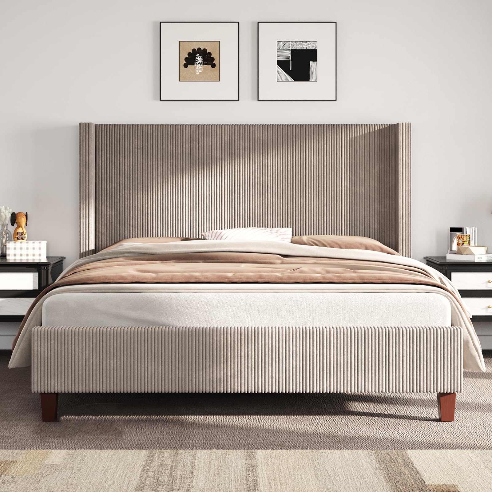 AMERLIFE King Size Upholstered Bed Frame with 50.8" Tall Headboard, Wingback Platform Bed with Solid Wood Legs, Wooden Slats, Corduroy/No Box Spring Needed/Noise Free/Greige
