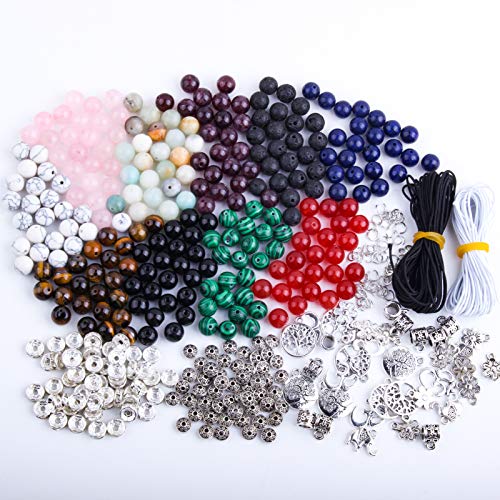 Colle Stone Bead for Jewelry Making 8mm 418pcs DIY Bracelet Beads Kit with Natural Lava Stone, Charms, Finishings&2 Strings for Women/Men Jewelry Making Kits