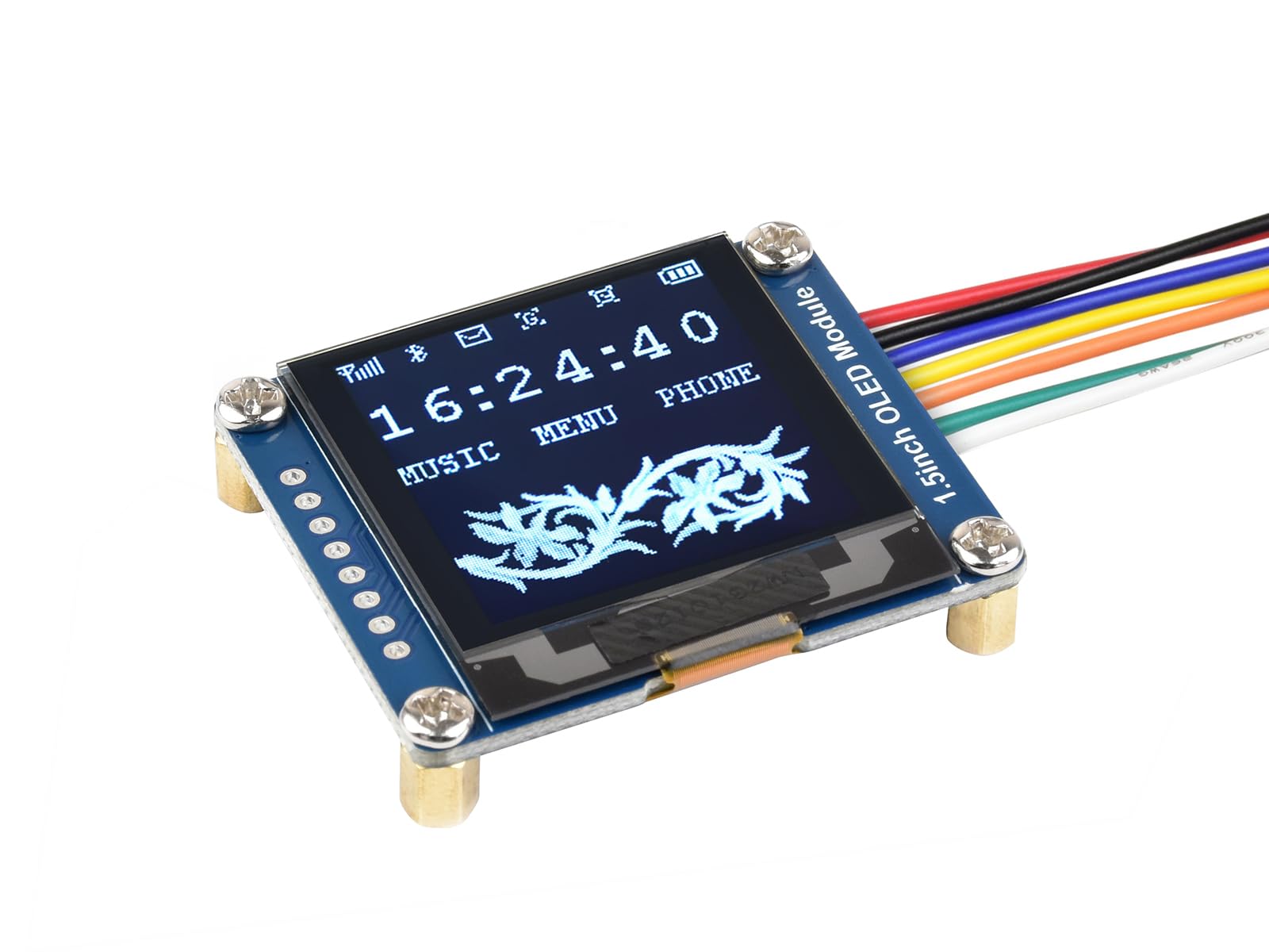 Waveshare 1.5inch OLED Display Module 128x128 Pixels 16-bit Grey Level with Embedded Controller Communicating via SPI or I2C Interface.