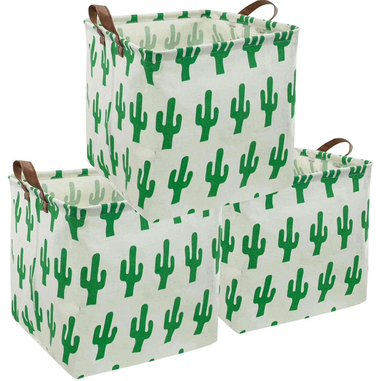 ESSME 3PACK Square Storage Bin,Cotton Fabric Laundry Baskets,Collapsible Waterproof Toy Storage Bin with Handles for Family Storage,Shelf Baskets,Bedroom(3pack Cactus)