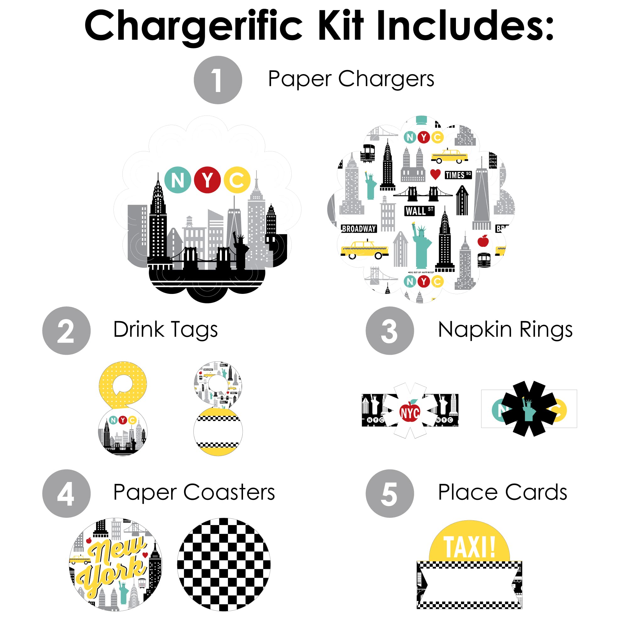 Big Dot of Happiness NYC Cityscape - New York City Party Paper Charger and Table Decorations - Chargerific Kit - Place Setting for 8