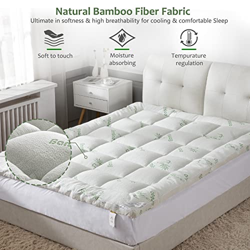 Bamboo Mattress Topper King Size with 8-21" Deep Pocket Mattress Pad for Back Pain Pillow Top Mattress Cooling Cover Quilted Mattress Protector with 1200 GSM Down Alternative Fill (76x80)