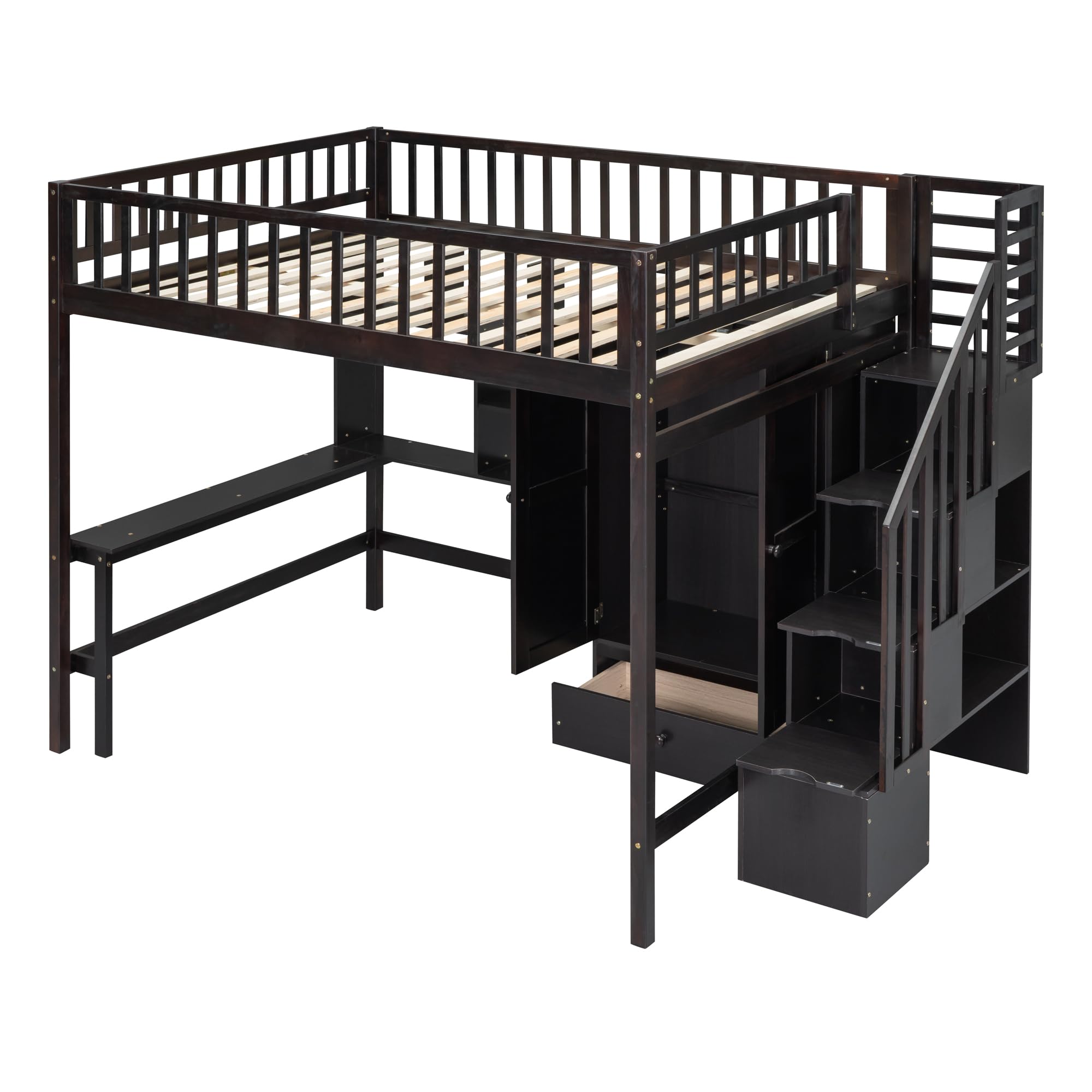 Full Size Loft Bed with Desk, Wardrobe, High Loft Bed Frame with Storage Staircases, Drawer Solid Wood Loft Beds for Kids, Boys and Girls,Teens, No Box Spring Needed (Espresso)