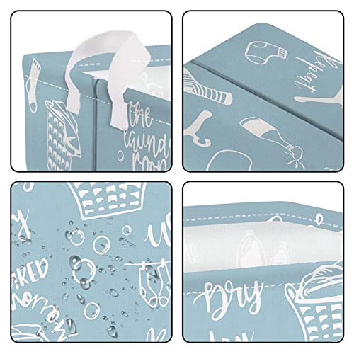 Clastyle Rectangular Blue Laundry Theme Storage Bins Waterproof Simple Fun Words Hanger Iron Laundry Basket Detergent Bubble Storage Basket for Toys Clothes Bedroom, 15.7x11.8x11.8 in