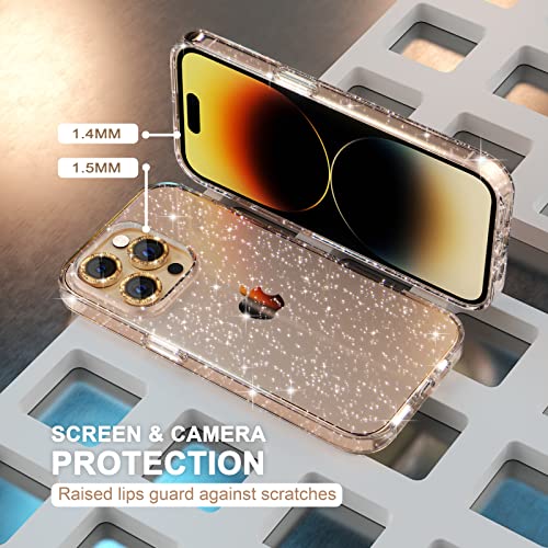 Choiche Compatible for iPhone 14 Pro Case Cute, Women Clear Glitter Bling Sparkly Case, [3 x Diamond Camera Lens Protectors] [2 x Tempered Glass Screen Protectors] 6.1-inch (Glitter Gold)
