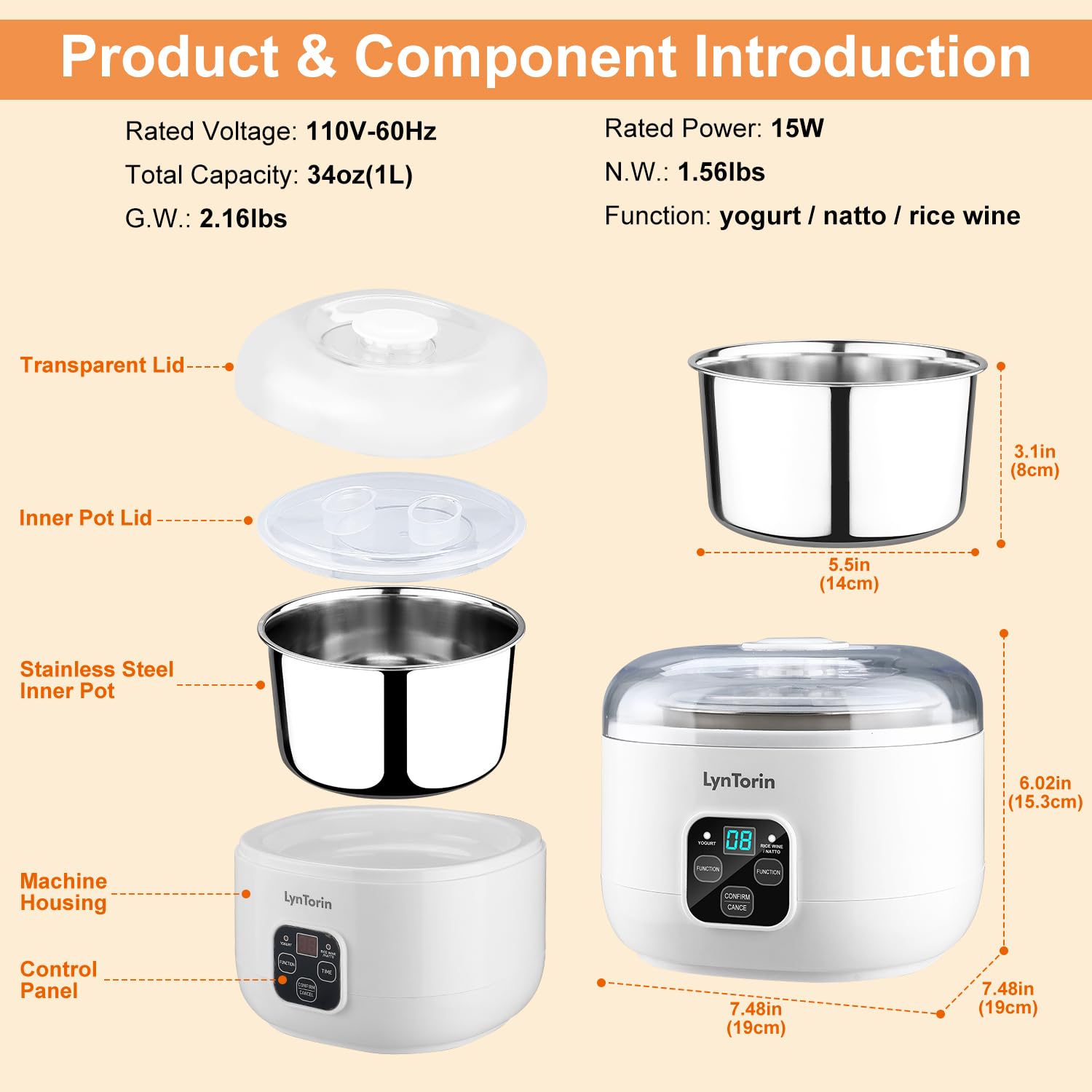 LynTorin Yogurt Maker, 34oz Yogurt Maker Machine with Timer and Constant Temperature Control, 3 in 1 Automatic Yogurt Makers with Stainless Steel Inner Pot, Yogurt Machine for Yogurt Natto Rice Wine