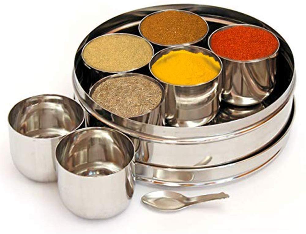 ARTISENIA Mother's Day Gifts Stainless Steel Spice Container Masala Box 7 Containers and 2 Small Spoon Masala Box Indian Masala Dabba With Size 9 X 9 Inches