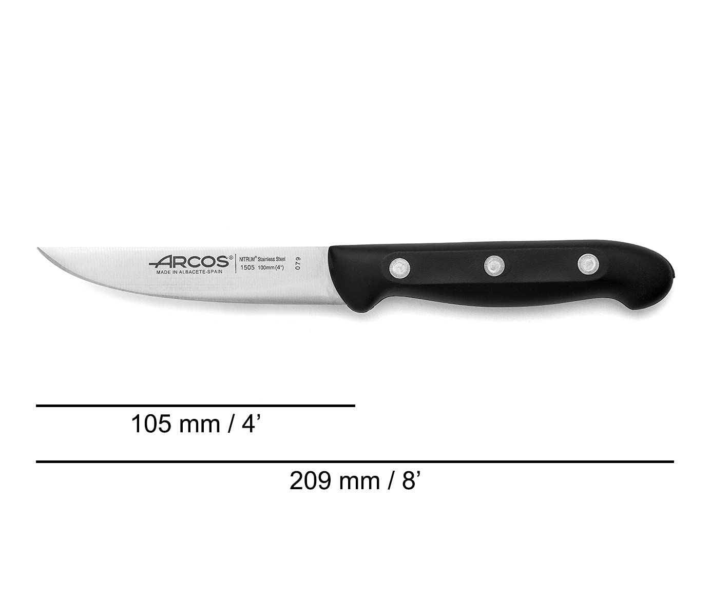 ARCOS Kitchen Knife Set 4 Pieces. 3 Chef Knives and 1 Scissors of Stainless Steel and Ergonomic Polyoxymethylene Handle for Cutting Meat, Fish and Vegetables. Series Maitre. Color Black